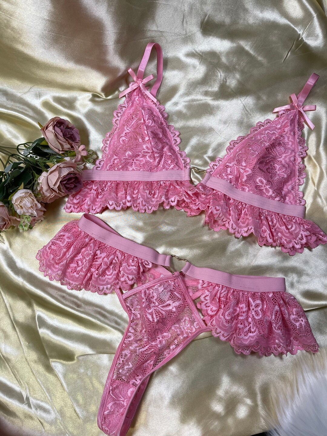 Romantic Pink Floral Lace Ruffle Lingerie Set - Etsy