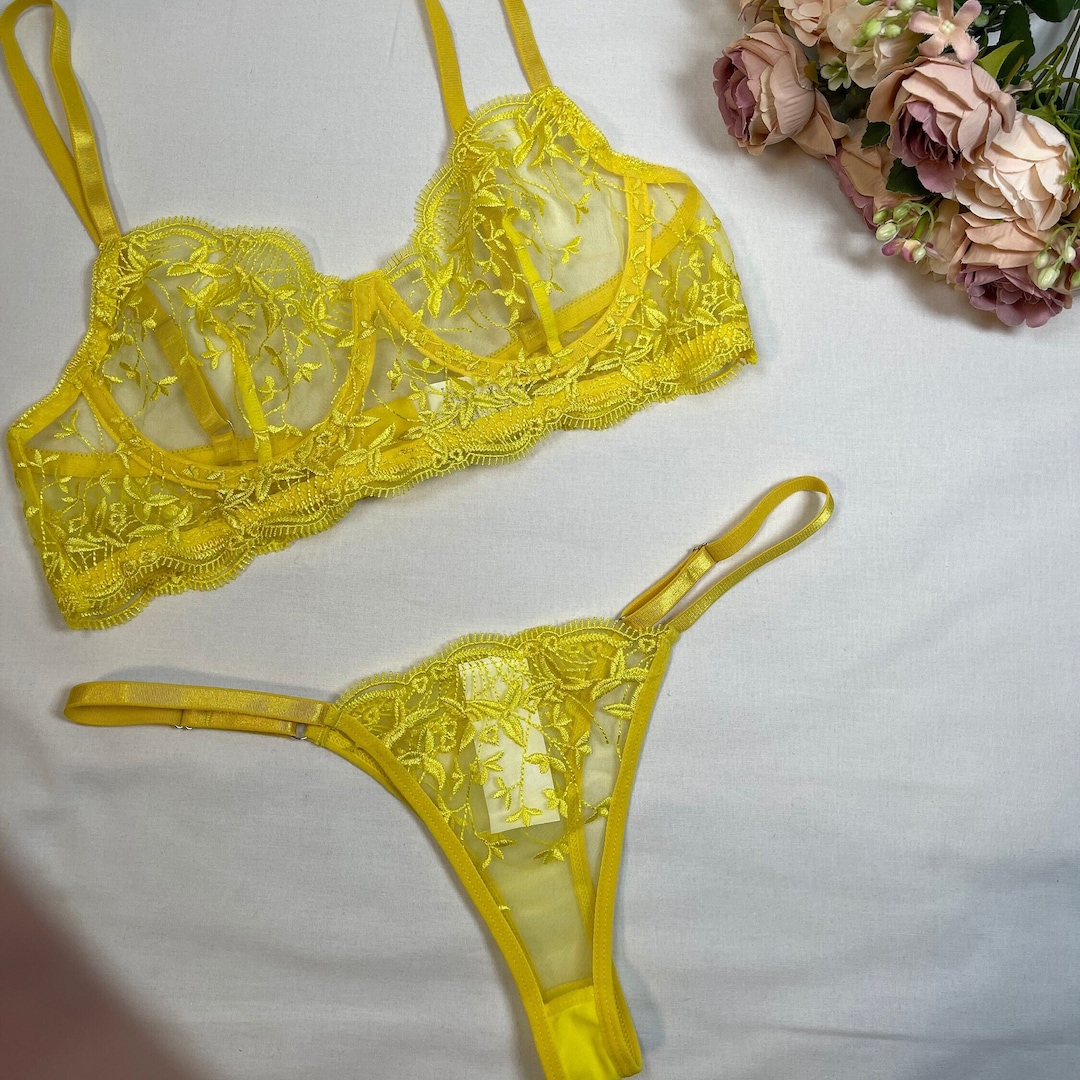 Yellow Sheer Bra And Thong Set Lingerie Sexy Summer Lingerie Set Etsy