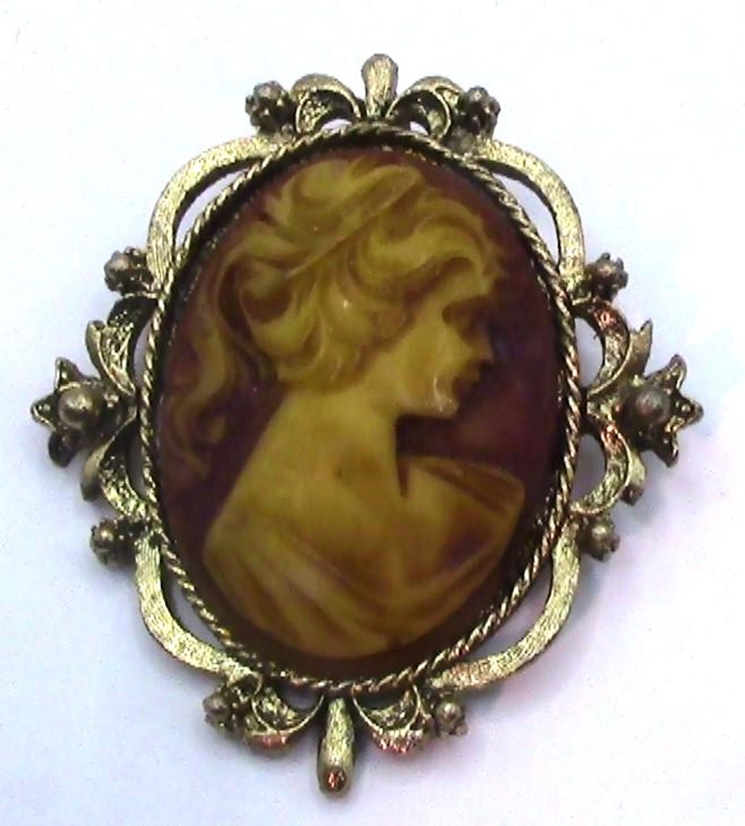 Bakelite Celluloid Cameo Brooch Vintage French Lady in Elaborate Golden ...