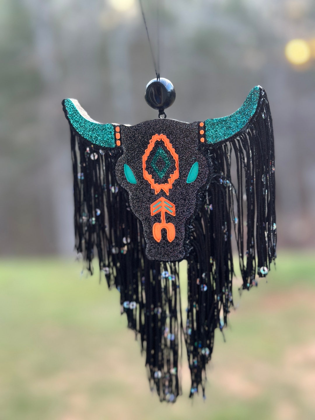 Black & Turquoise Aztec Bull Skull Freshie W/ Fringe, Aztec Freshie ...