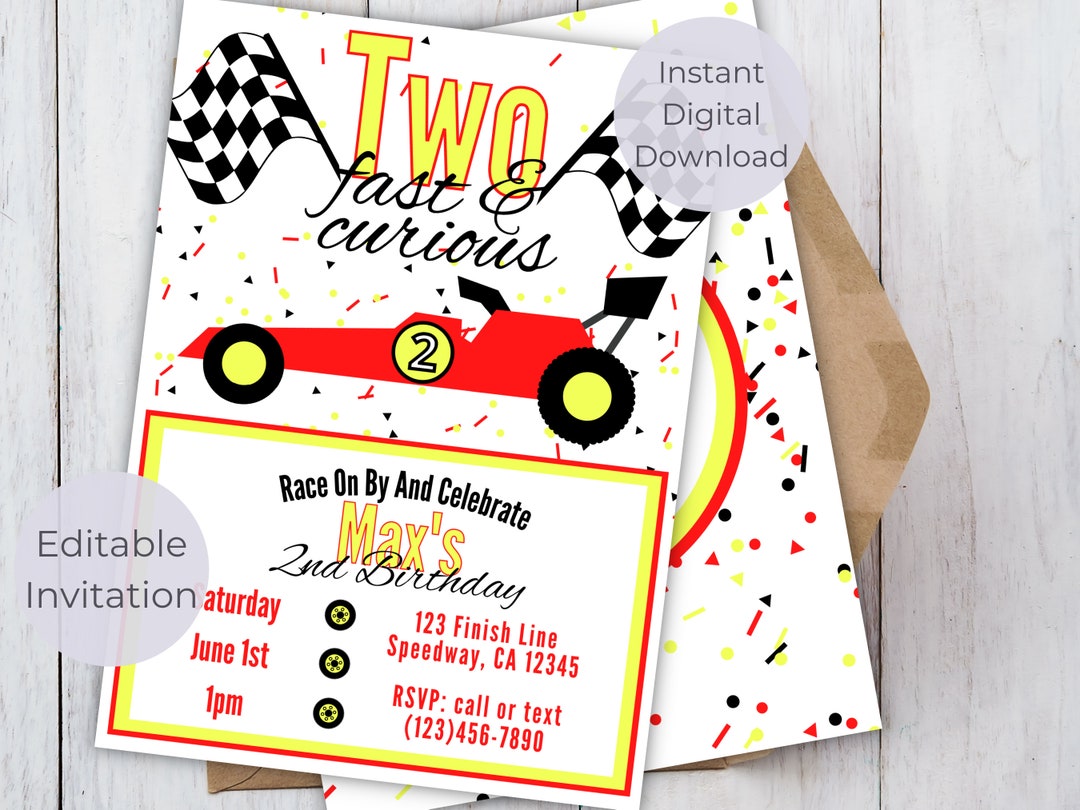 2 Fast & Curious Birthday Invitation, Race Car Invite, Printable ...
