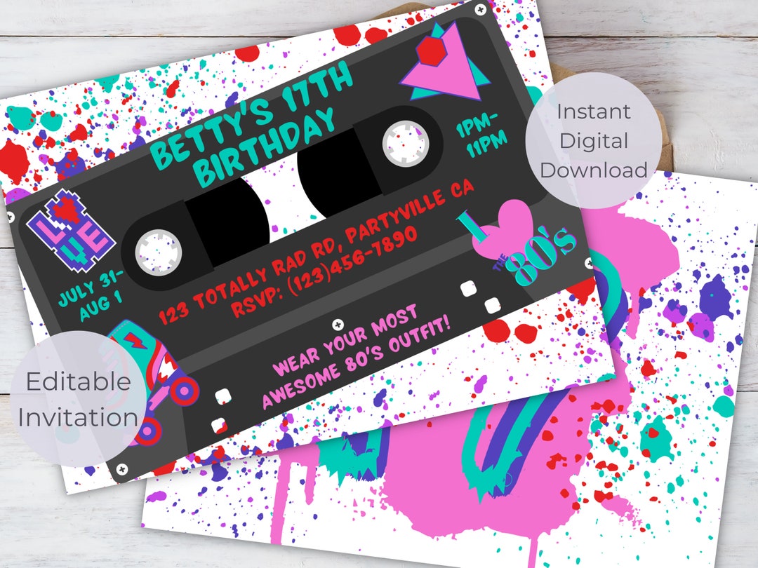 80's Theme Birthday Party Invitation, Cassette Tape Invite, Editable ...