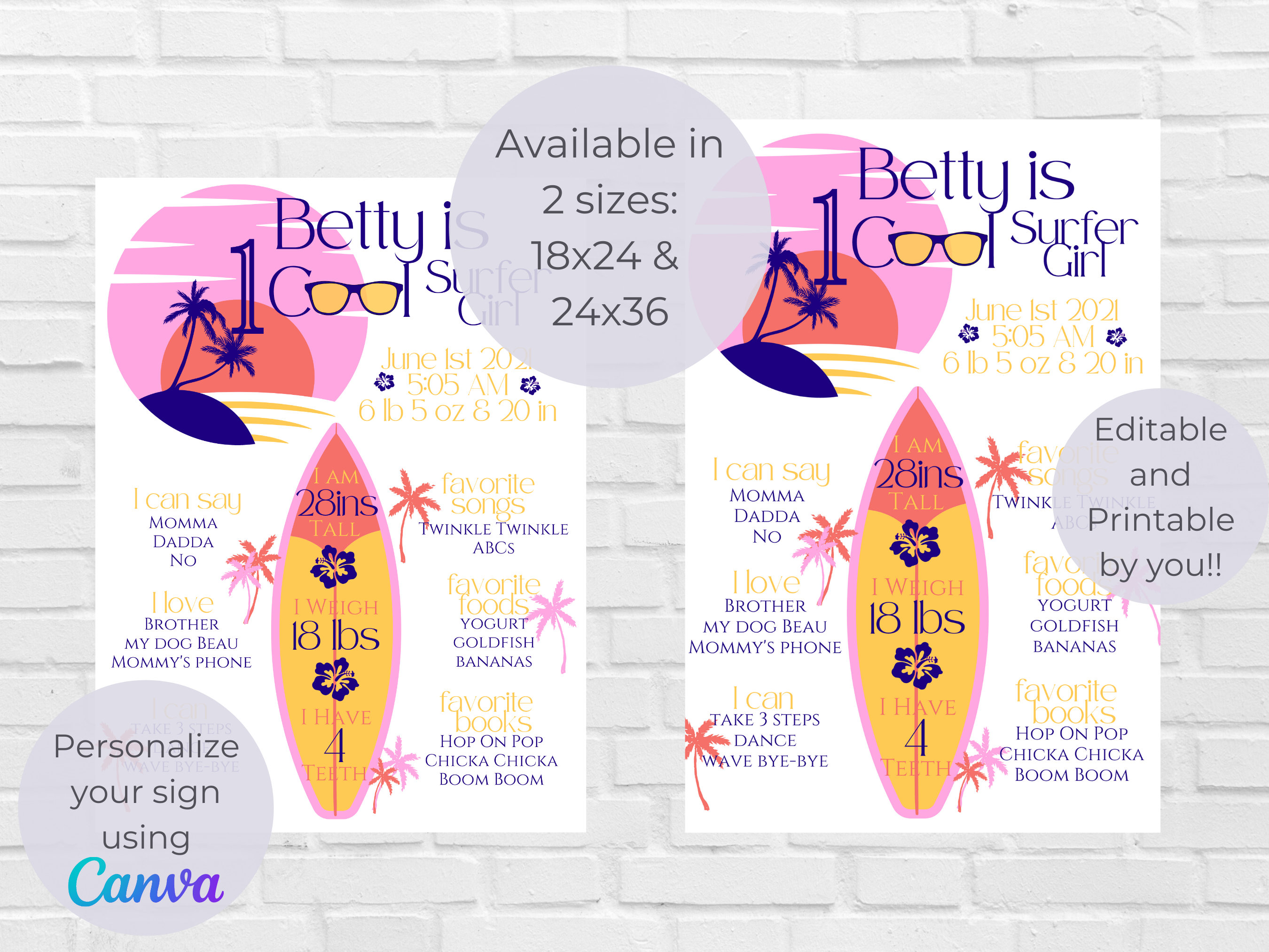1 Cool Surfer Girl Milestone Poster, Surf First Birthday Party, Beach ...