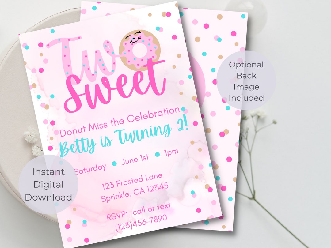 Two Sweet Invitation, 2 Sweet Invite, Pink Donut Birthday Party ...