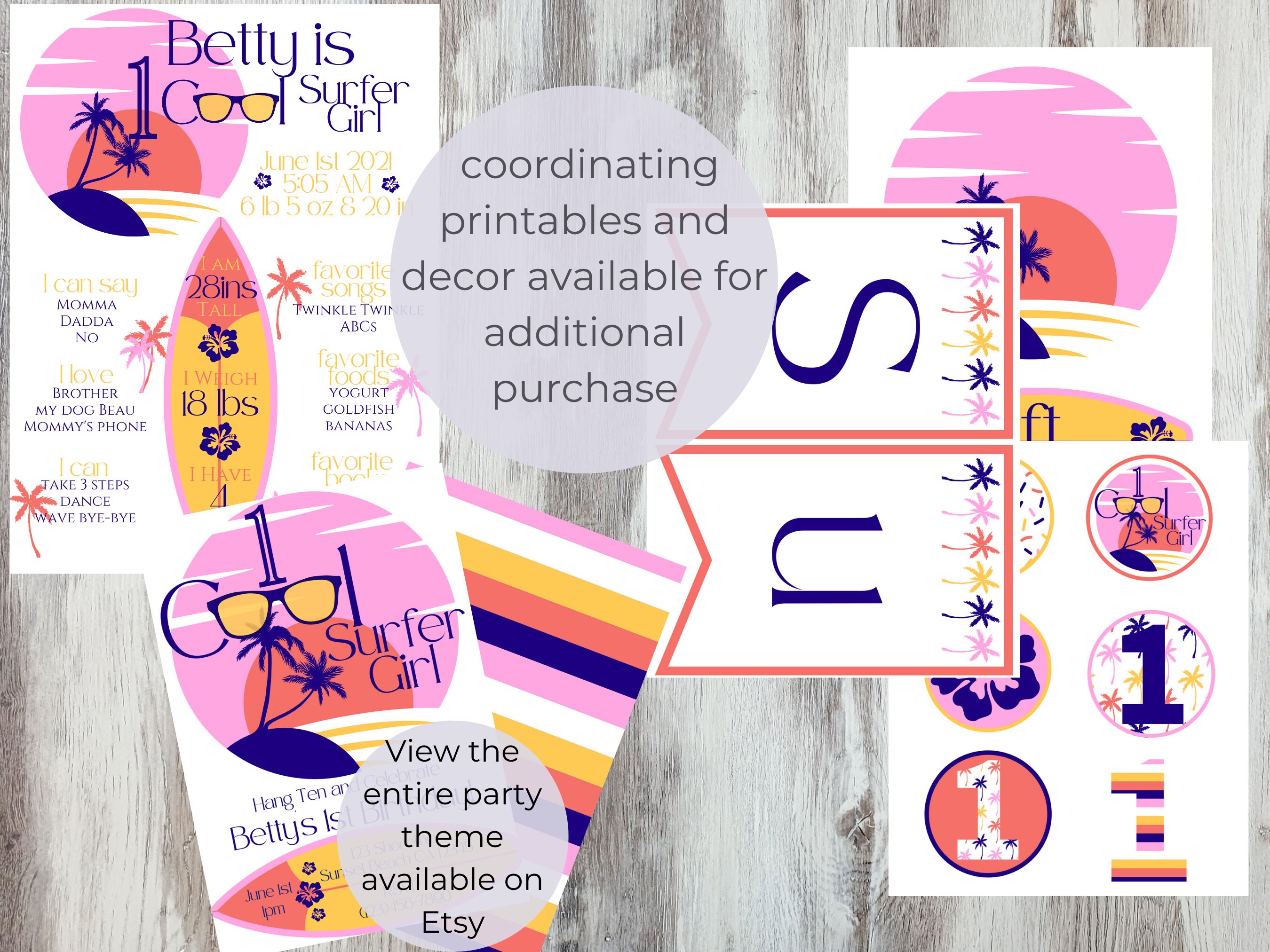 1 Cool Surfer Girl Milestone Poster, Surf First Birthday Party, Beach ...