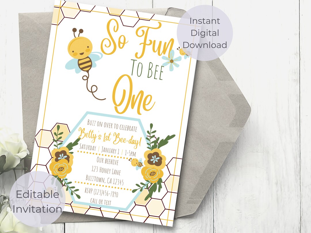 So Fun to Bee One Birthday Party Invitation, First Bee-day, First ...