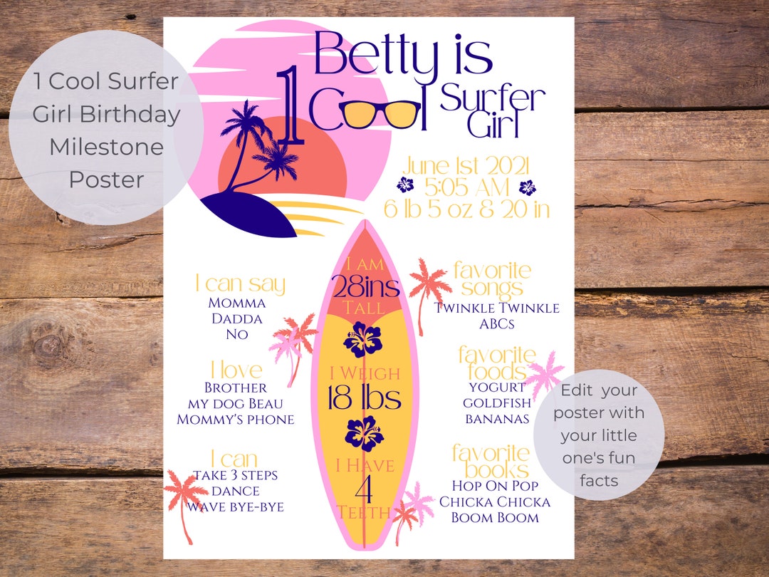 1 Cool Surfer Girl Milestone Poster, Surf First Birthday Party, Beach ...