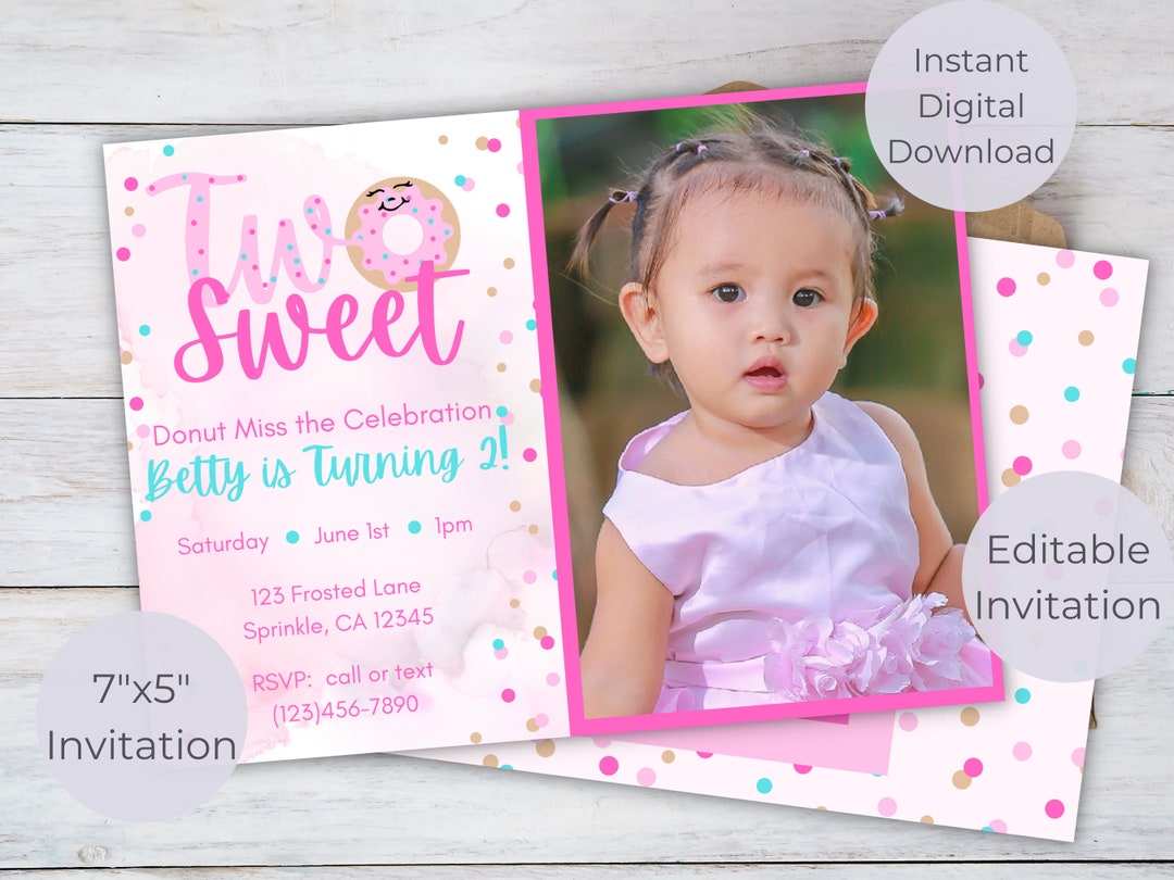Pink Two Sweet Photo Invitation, Pink Donut Invitation, Girl's 2nd ...