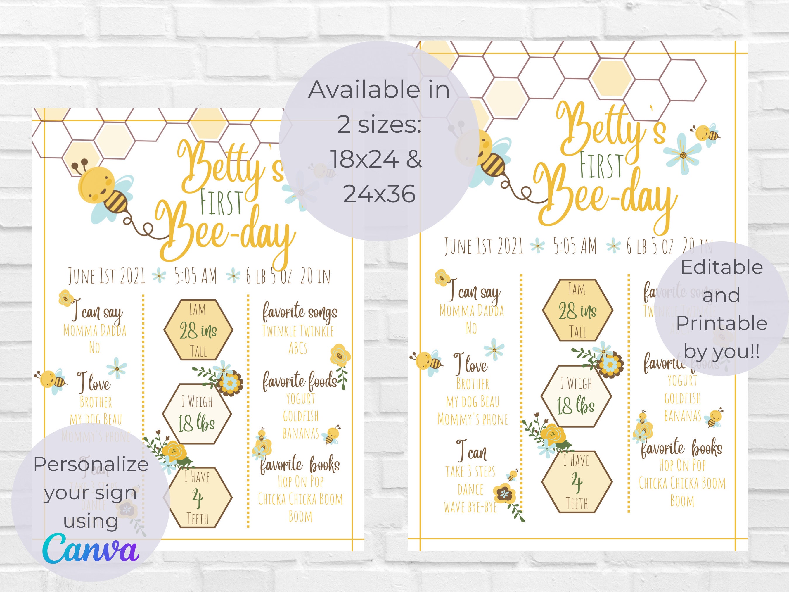 So Fun to Bee One Milestone Poster, Editable and Printable 1st Bee Day ...