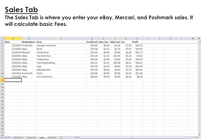 Sales, Expense, Reseller Profit Tracker Ebay, Poshmark, Mercari Excel ...