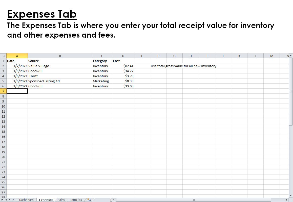 Sales, Expense, Reseller Profit Tracker Ebay, Poshmark, Mercari Excel ...