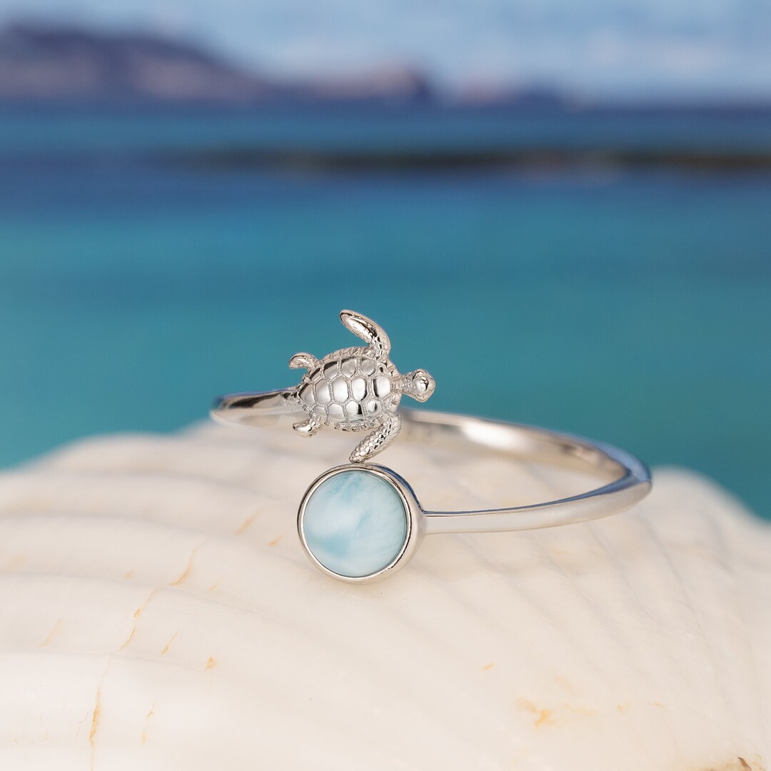 Sterling Silver Larimar Turtle and Full Moon Adjustable Bypass Ring - Etsy