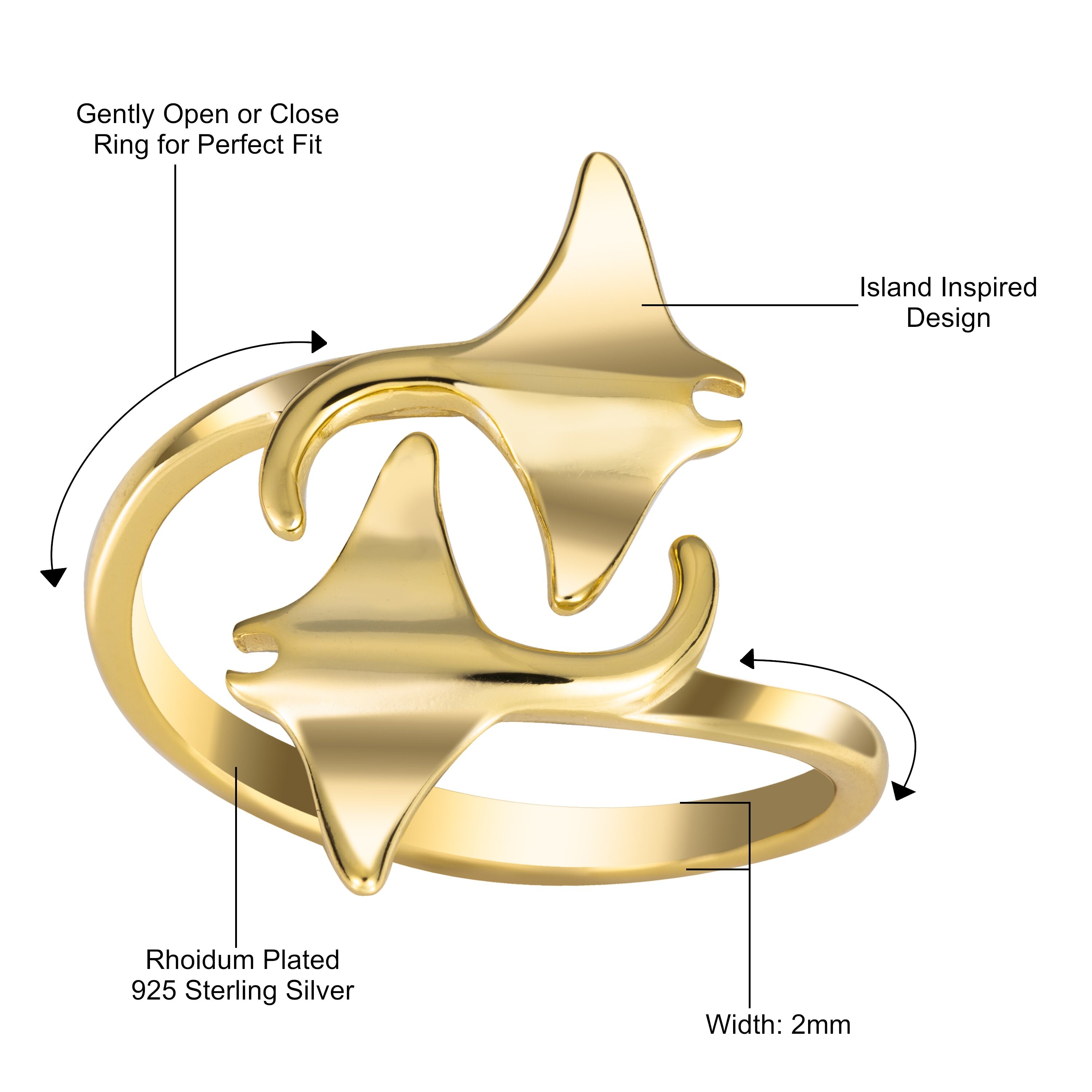 925 Sterling Silver 14K Gold Plated Two Manta Ray Adjustable Easy ...