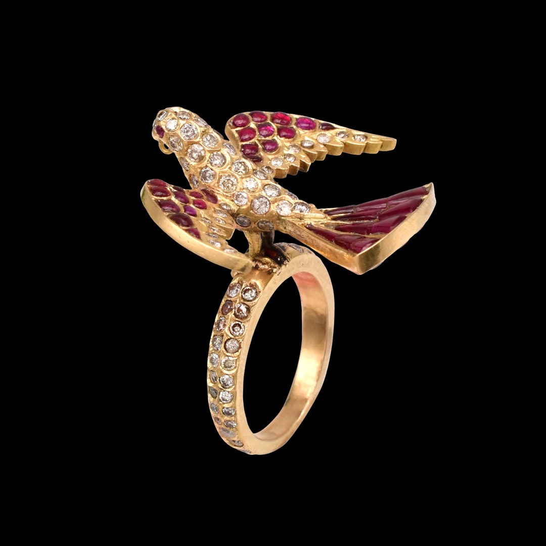 Diamond Bird Ring in 18k Solid Gold Natural Ruby Ring, Diamond Ring ...