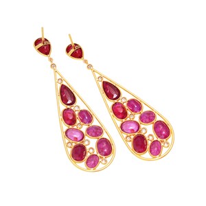 Natural Burma Ruby Oval Shape Dangle Drop Earrings in 18k Solid Yellow ...