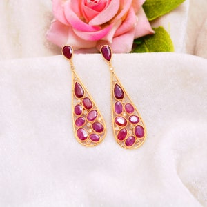 Natural Burma Ruby Oval Shape Dangle Drop Earrings in 18k Solid Yellow ...