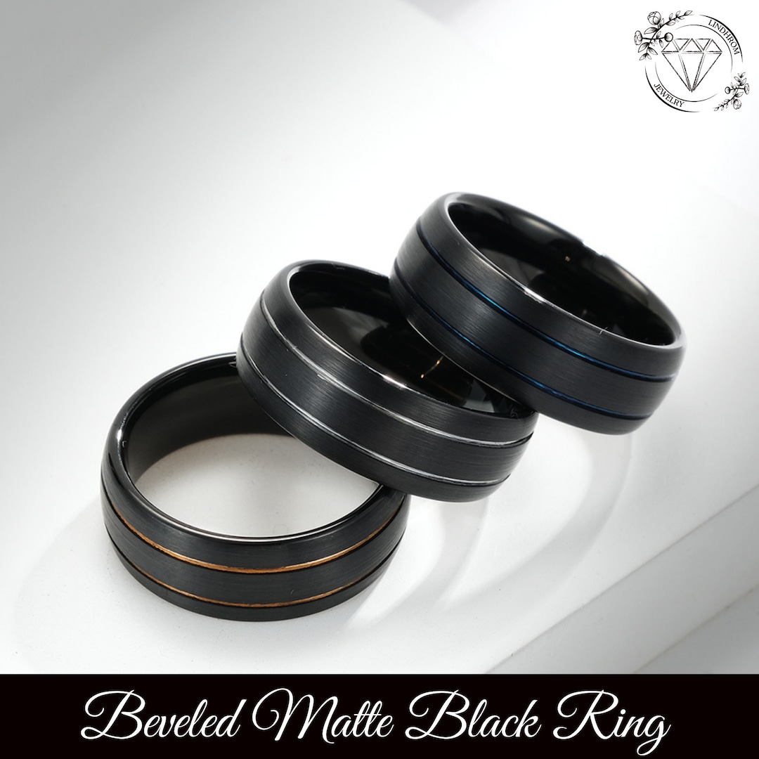 Black Beveled Matte Ring Wedding Band Black Ring Valentine's Day Gift ...