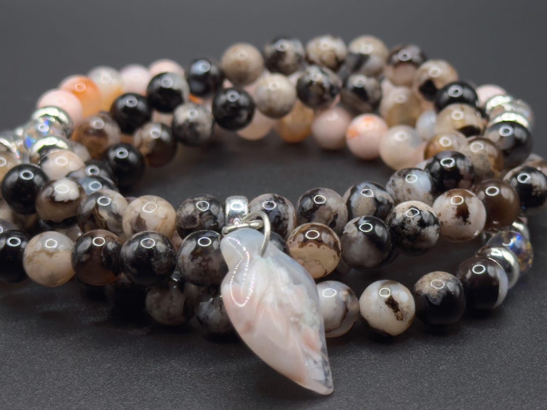 8mm Black Cherry Blossom Mala, With Cherry Blossom Agate Beads and ...