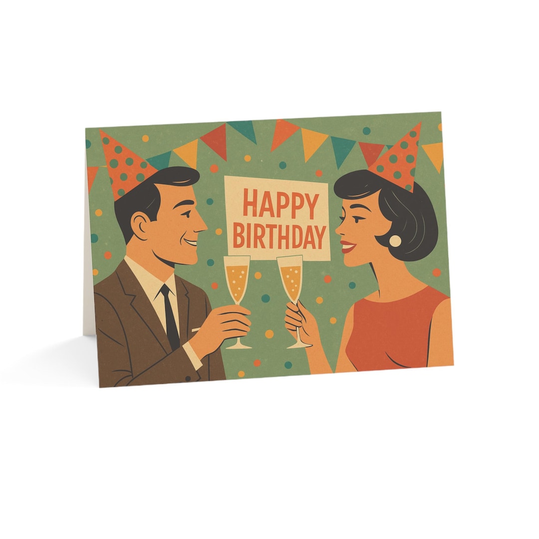 Mid Century Modern Birthday Card – Retro Cheers With Champagne, 7x5 ...