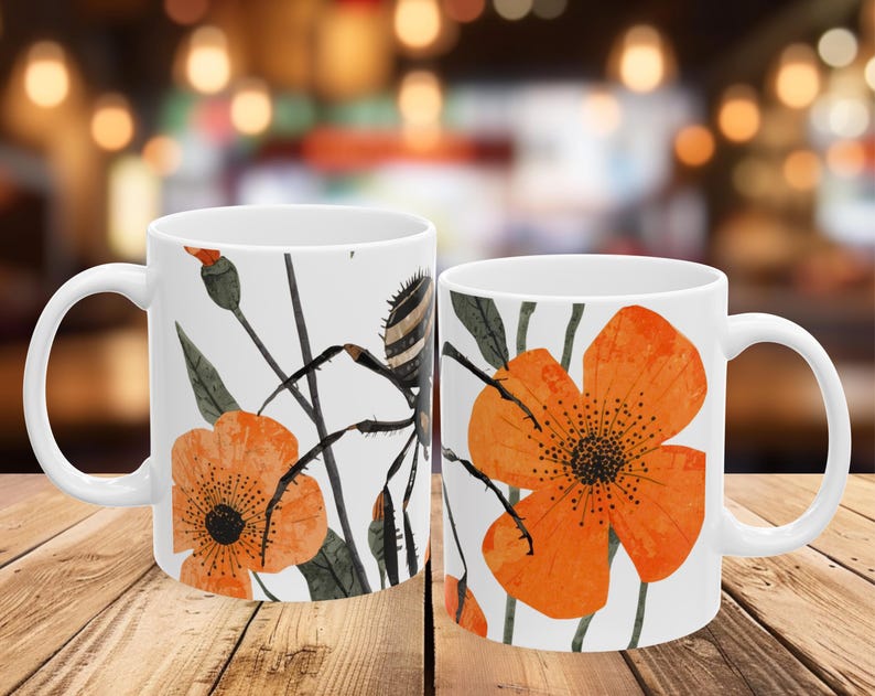 Mid-century Halloween Spider and Orange Poppy Mug - Retro Spooky Floral ...