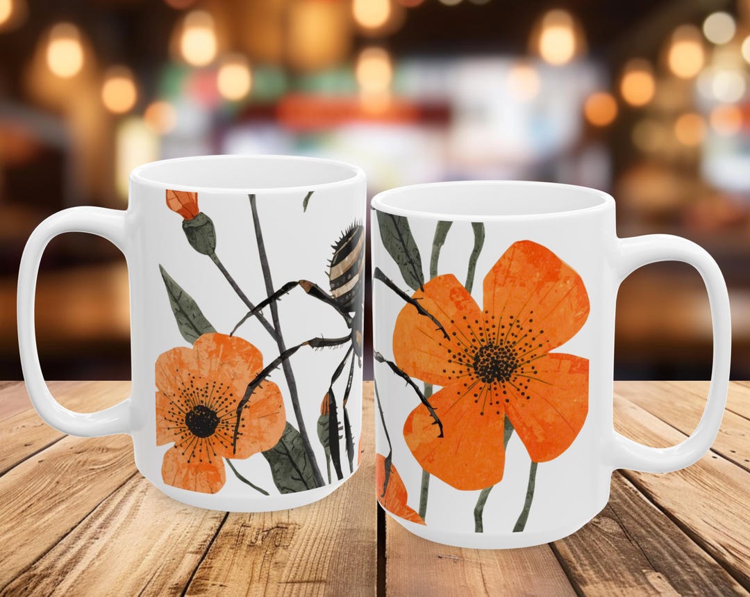 Mid-century Halloween Spider and Orange Poppy Mug - Retro Spooky Floral ...