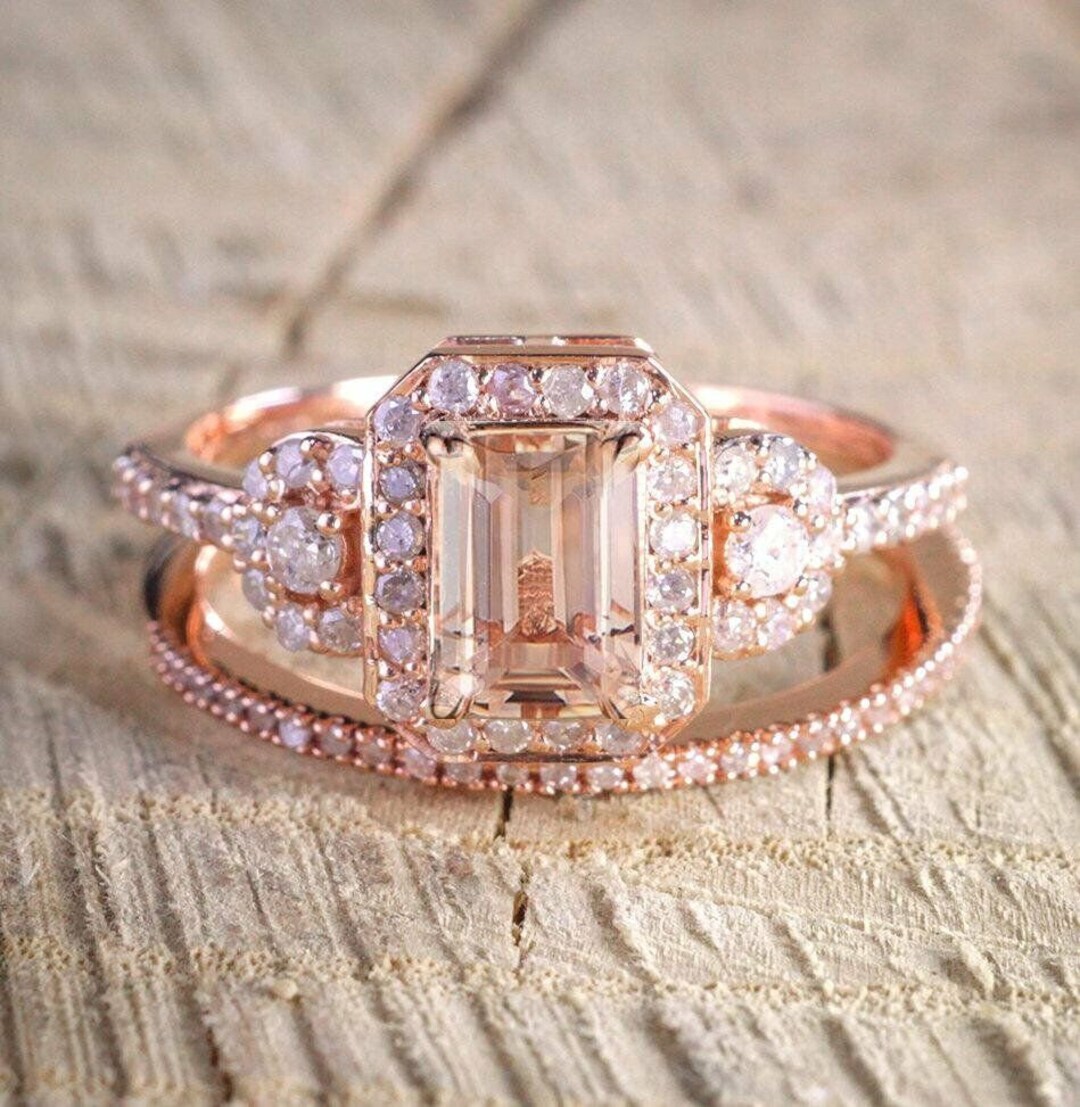 3.00ct Emerald Cut Morganite Halo Wedding Engagement Bridal - Etsy