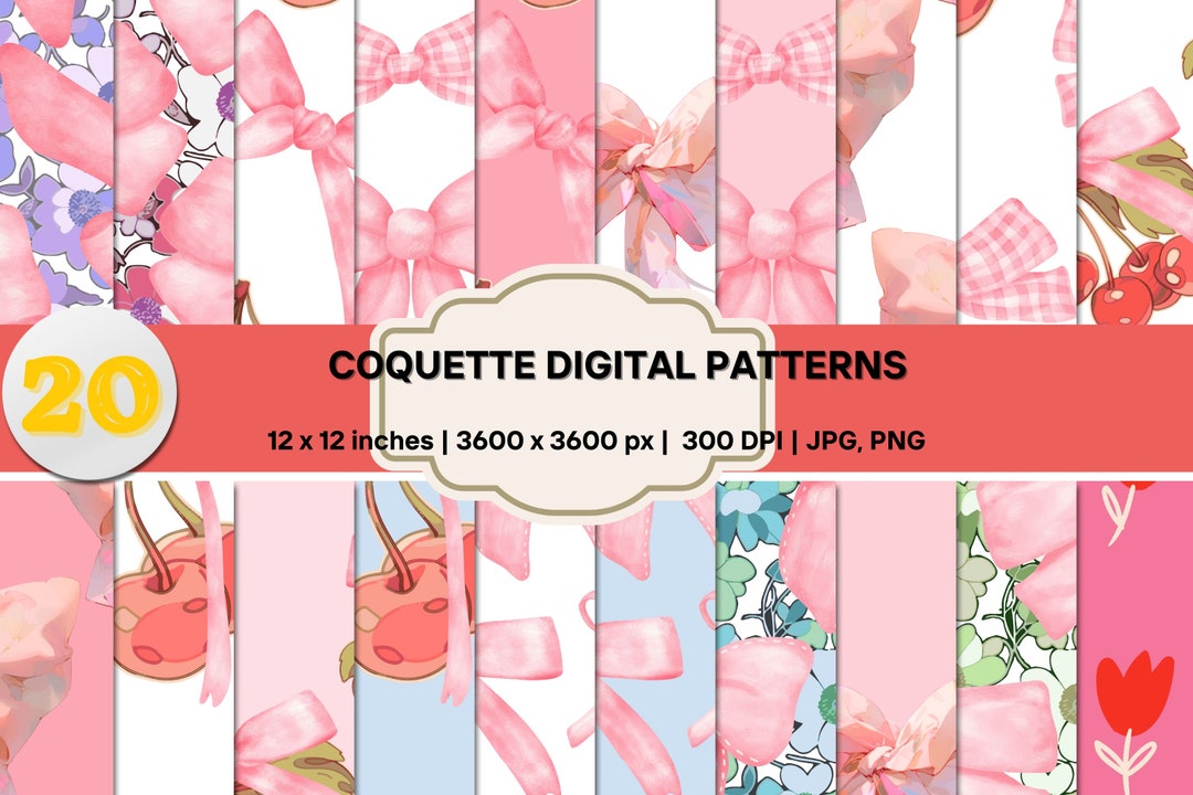 Seamless Coquette Digital Pattern Papers, Pink Bows, Cherry , Ribbon ...
