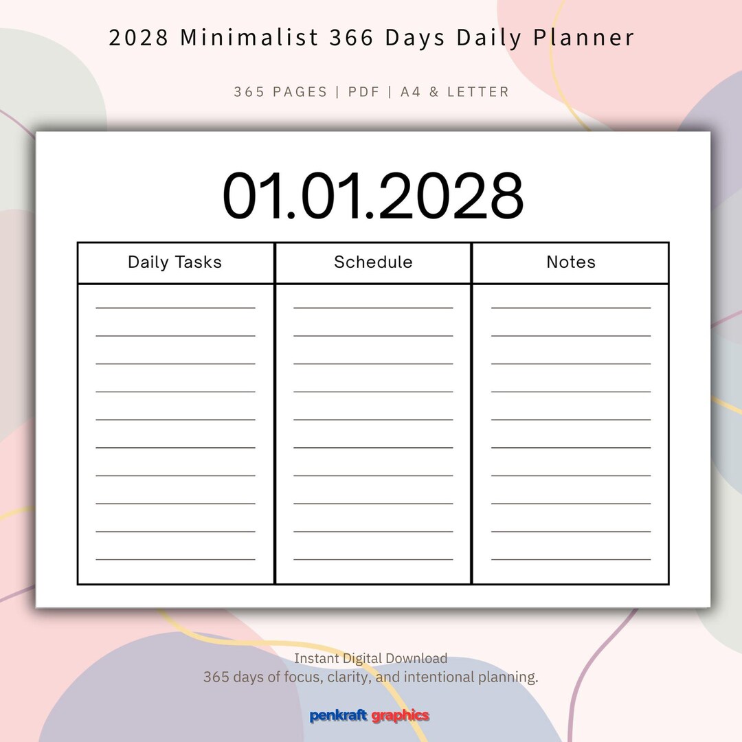 2028 Minimalist Daily Planner | 366 Days Printable Planner | Daily ...