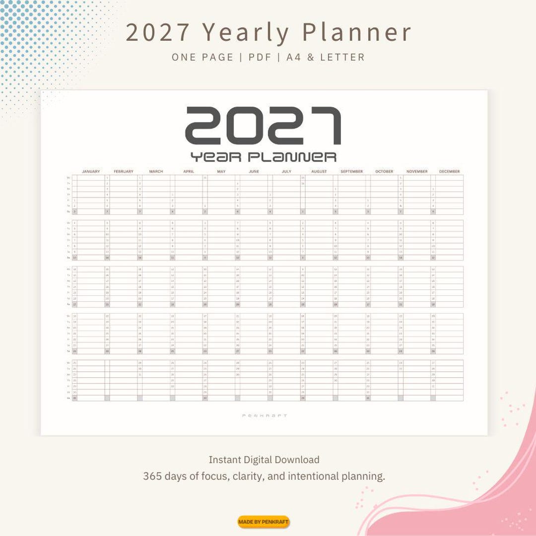 2027 Minimalist One Page Yearly Planner | 365 Days | Printable Everyday ...
