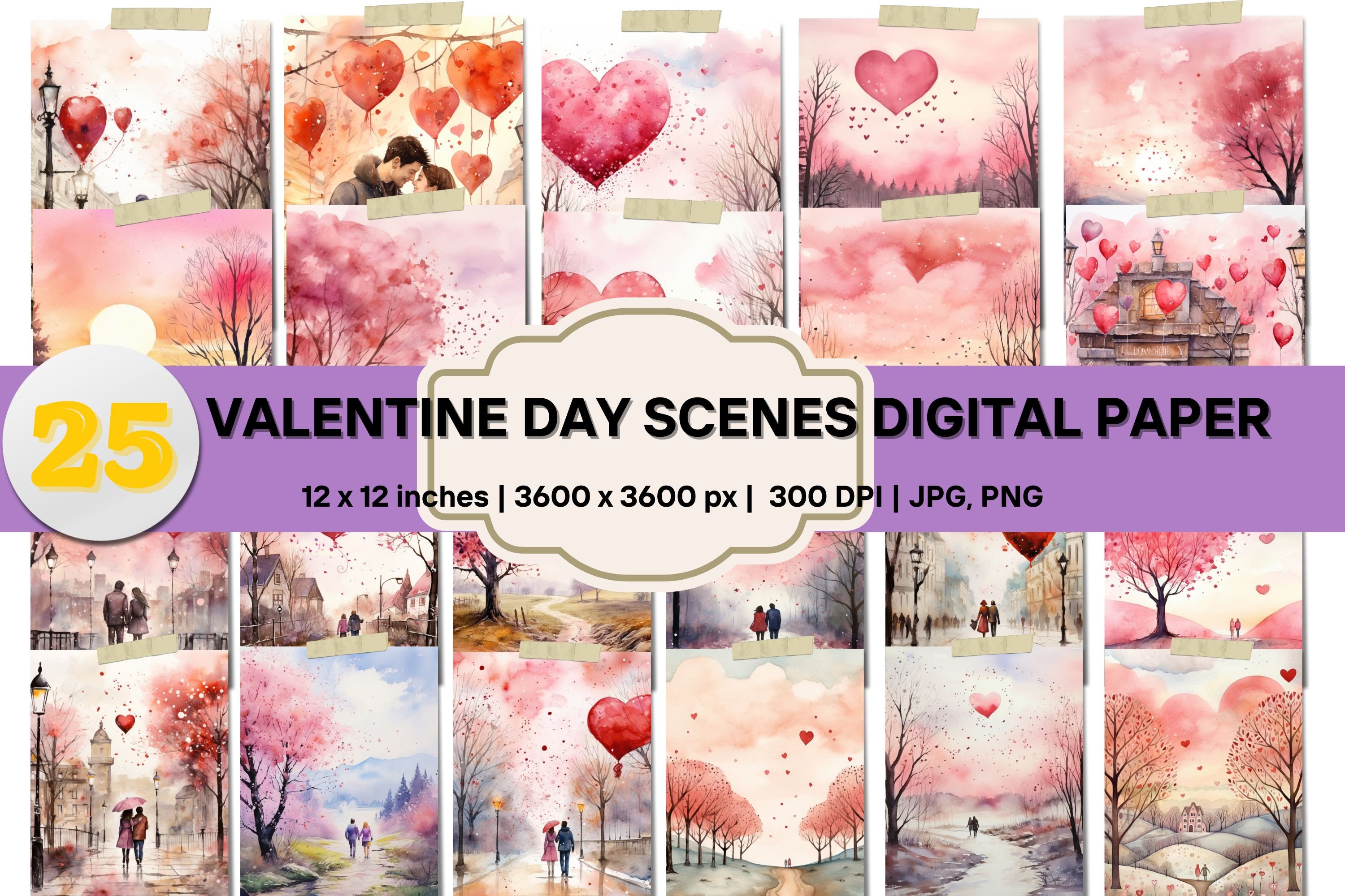 Valentine Day Cute Scenes Digital Papers, Valentine Day Backgrounds ...