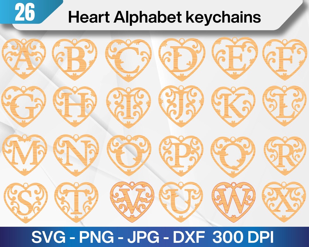 Heart Alphabetic Keychain Svg Bundle, Heart Keychain Svg, Alphabet Key ...
