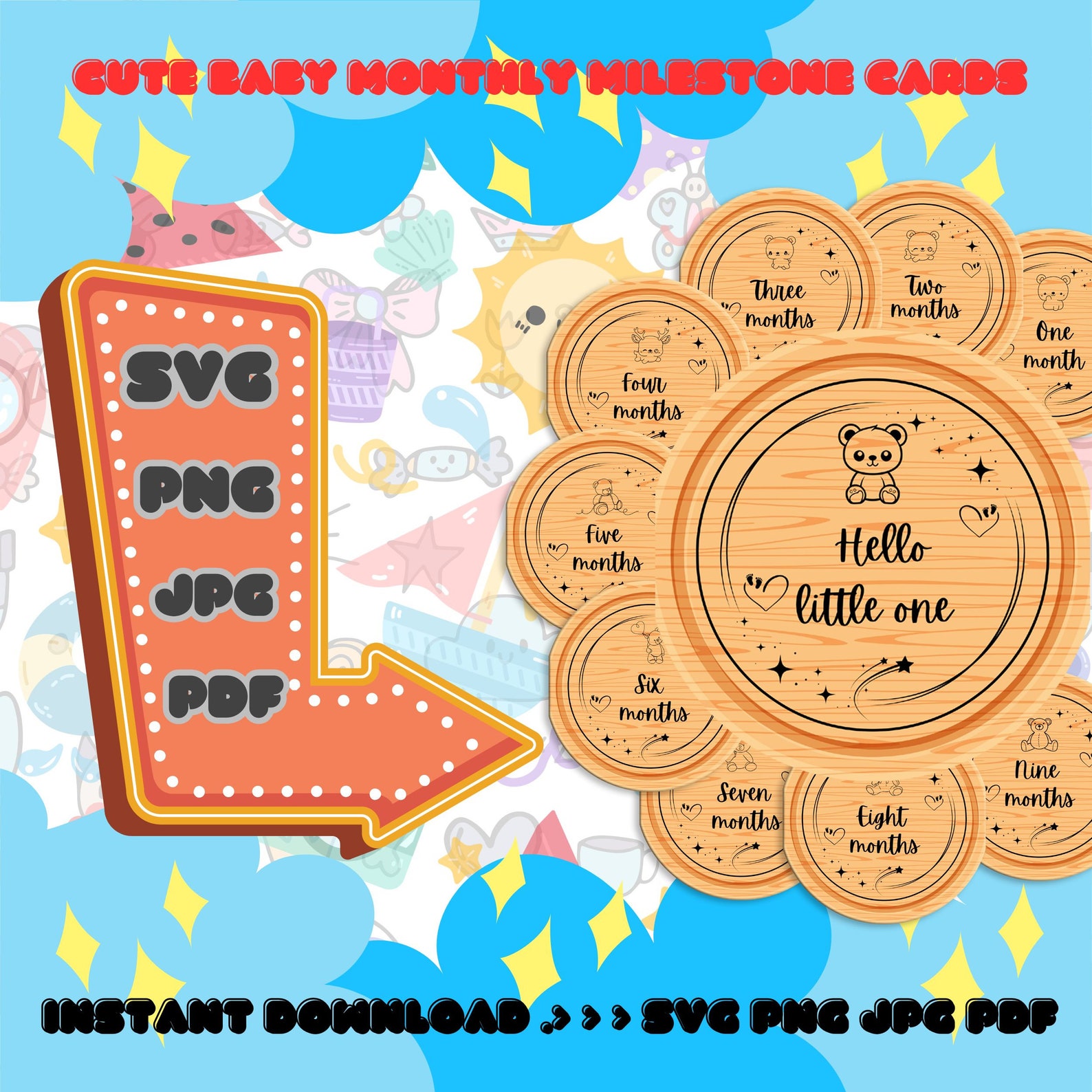 Cute Baby Monthly Milestone Svg Bundle, Baby Milestone Flash Cards ...