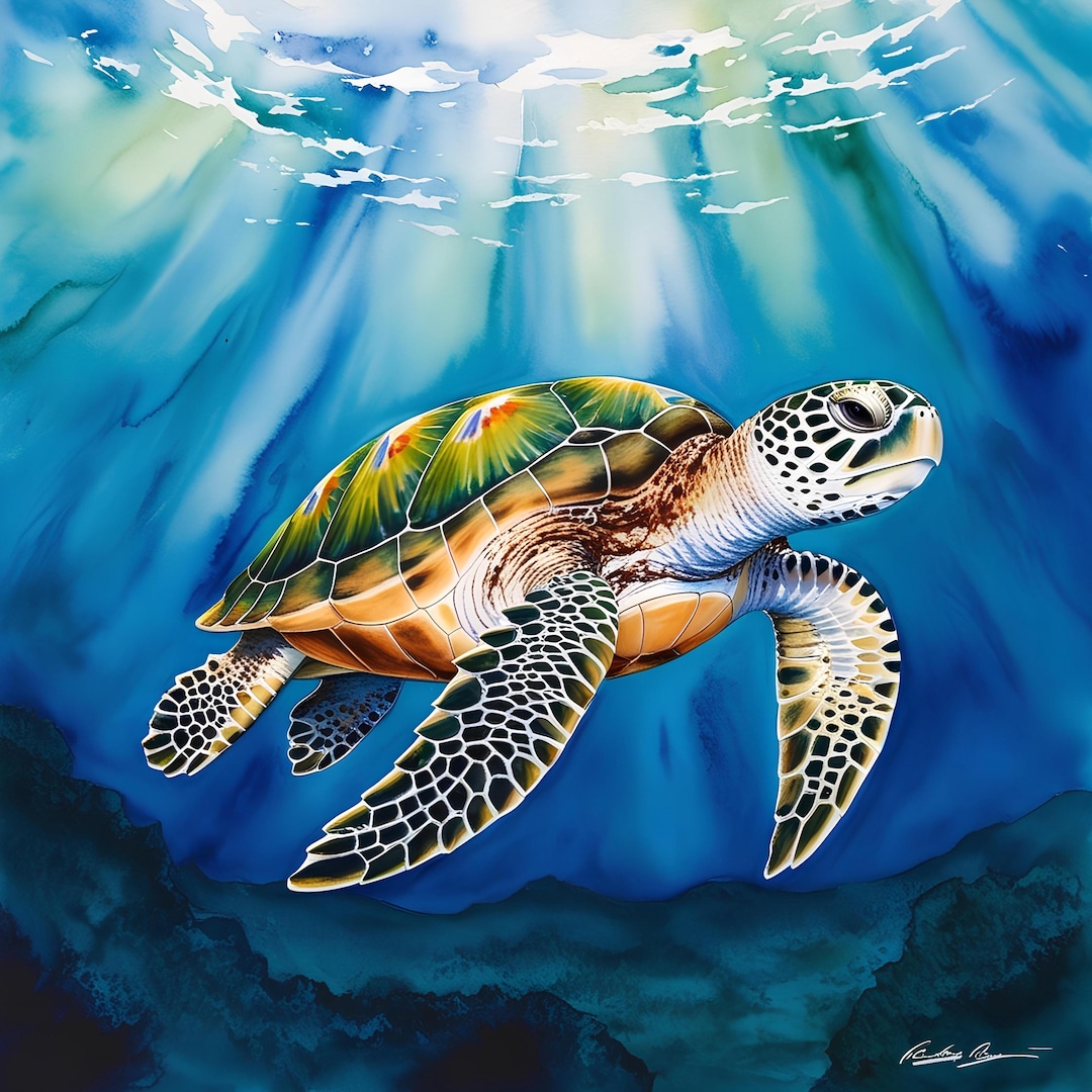 3D Watercolor Sea Turtle Digital Art | Blue Ocean Wildlife Print ...