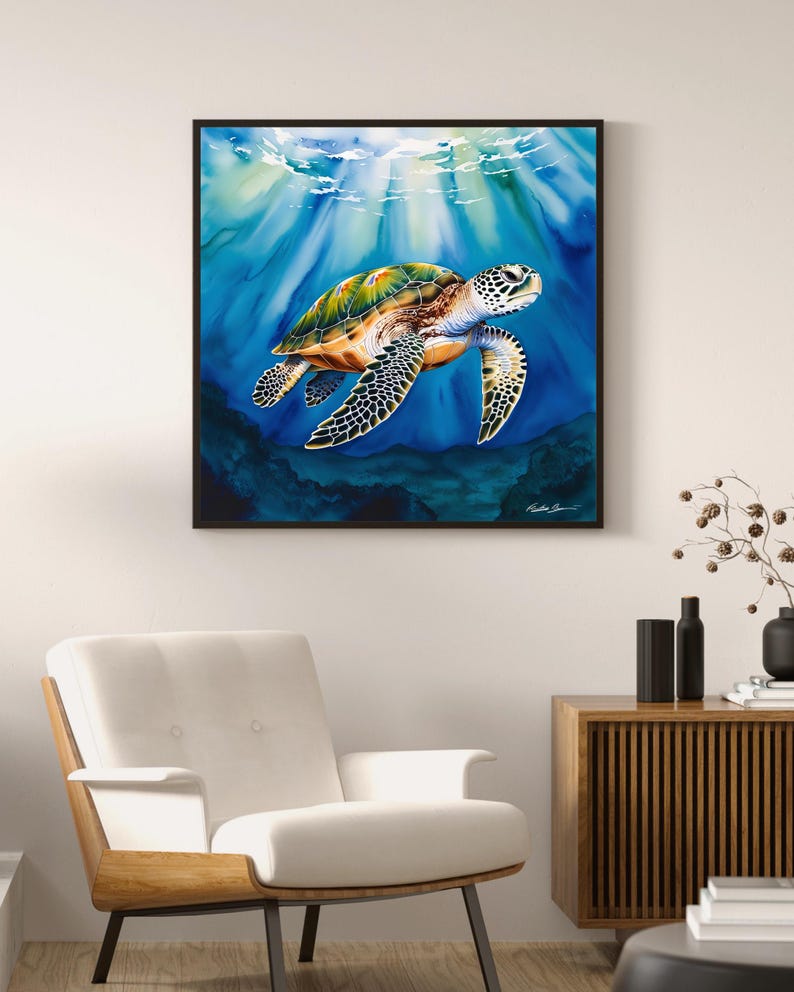 3D Watercolor Sea Turtle Digital Art | Blue Ocean Wildlife Print ...