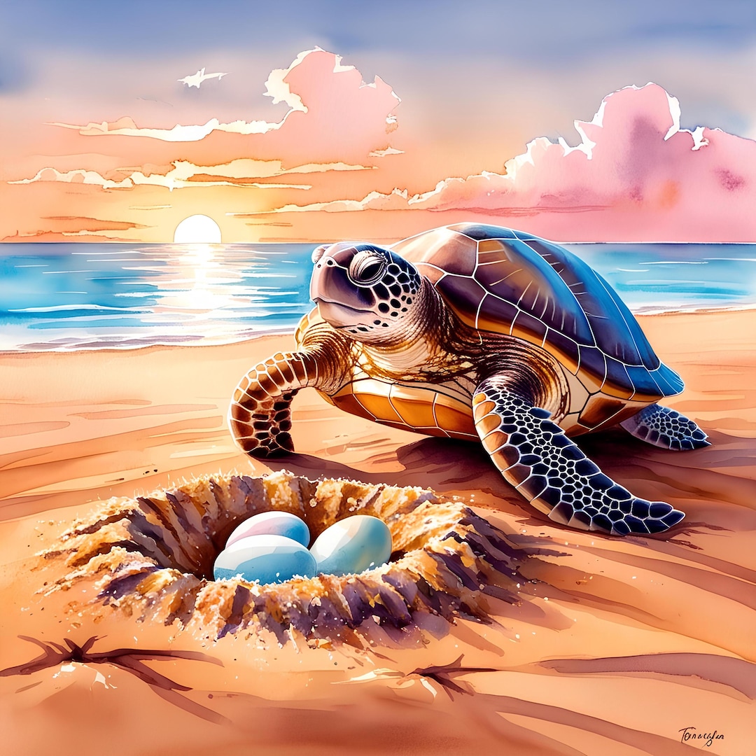 3D Watercolor Sea Turtle Digital Art | Nesting on the Beach | Instant ...