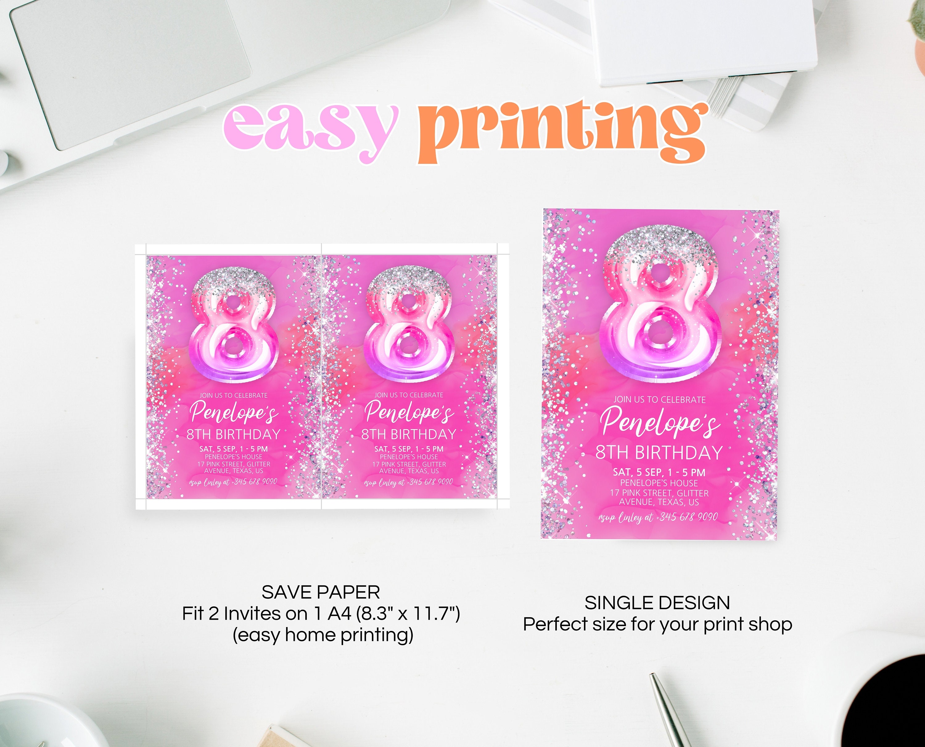 Editable Pink 8th Birthday Invitation Template, Glitter Birthday Invite ...
