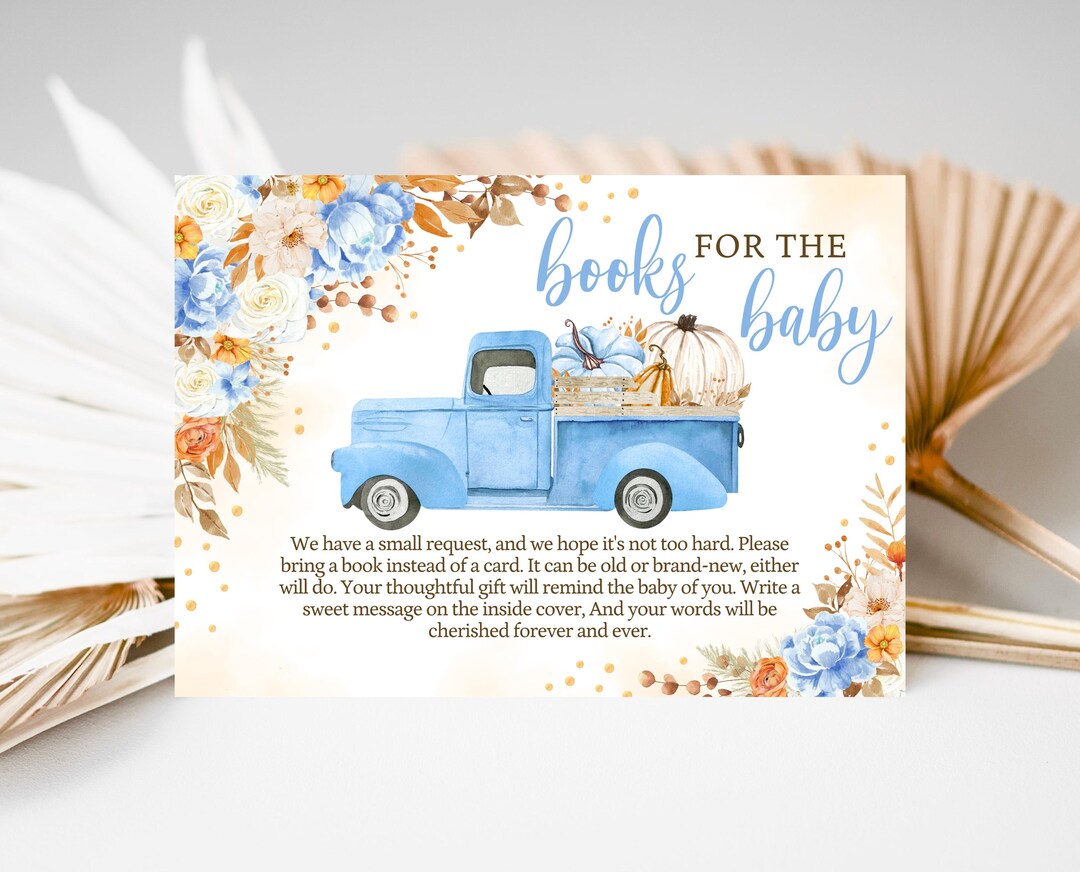 Book Insert Card Fall Baby Shower, Fall Blue Pumpkin Truck Baby Shower ...