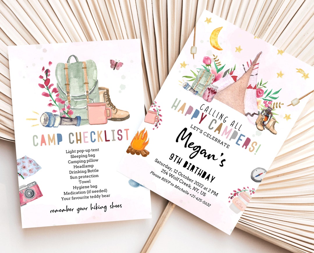Editable Girl Camping Invitation, Camp Out Birthday Invite, Girl ...