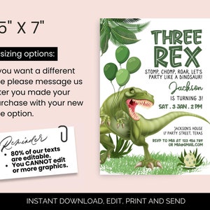 Editable Green Dinosaur Birthday Invitation, Dinosaur Birthday Party ...