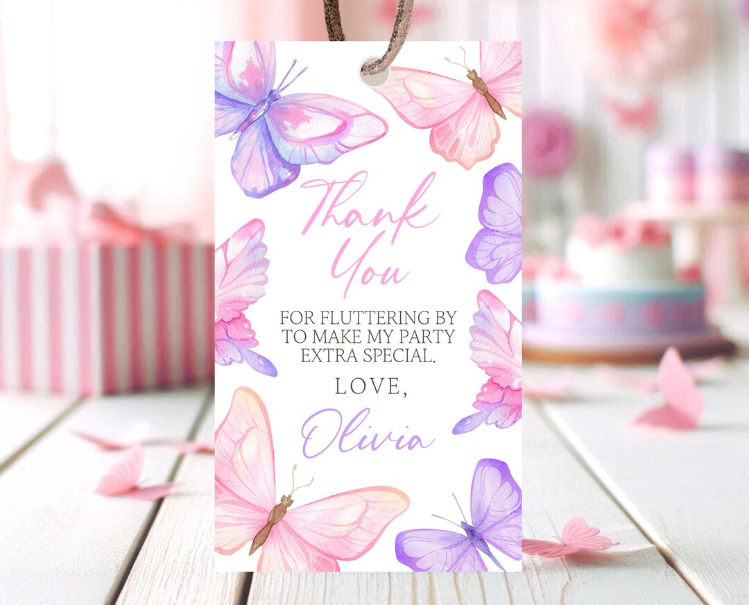 Editable Butterfly Birthday Favor Tag, Pink Purple Butterfly, Butterfly ...