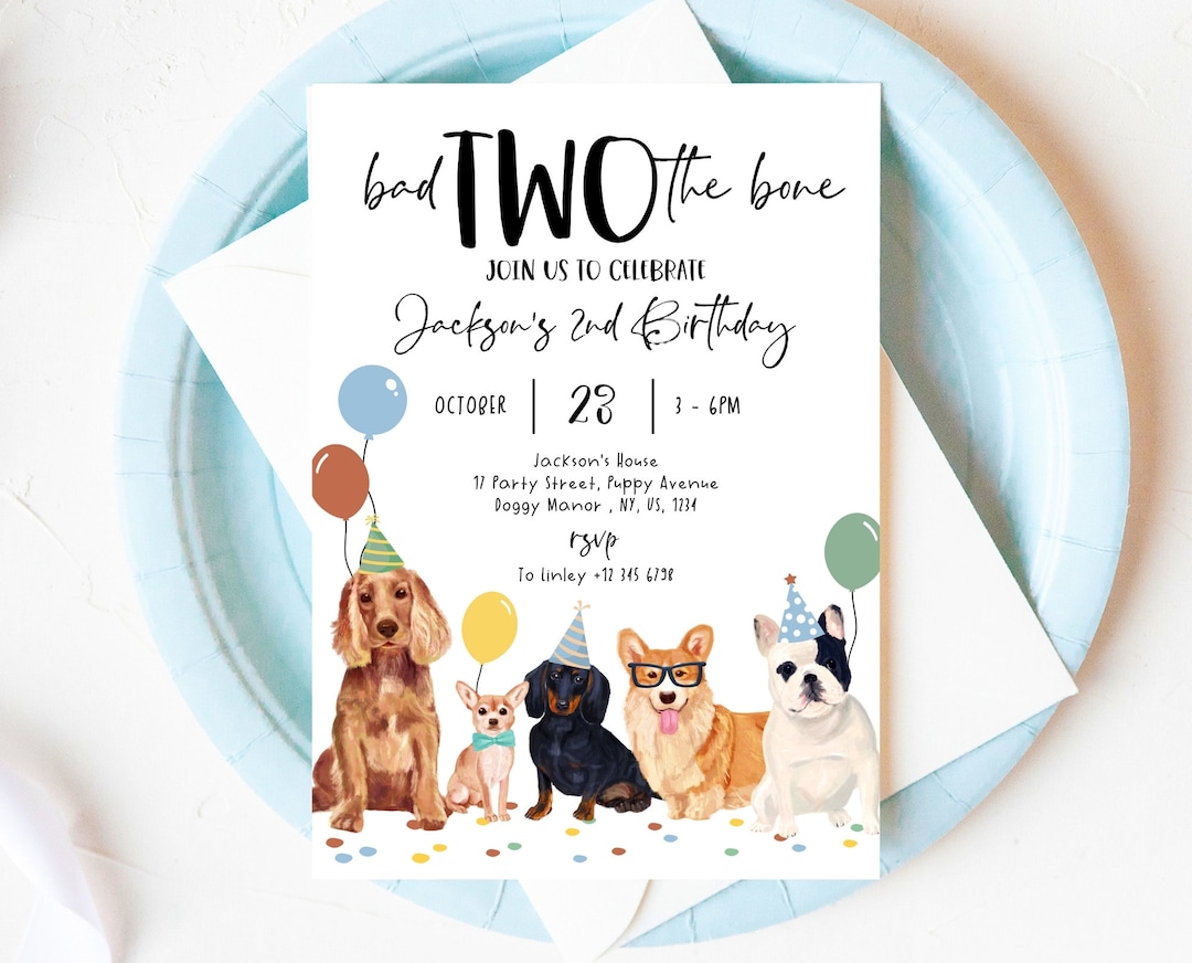 Editable Boy Dog 2nd Birthday Invitation, Puppy Birthday Invitation ...