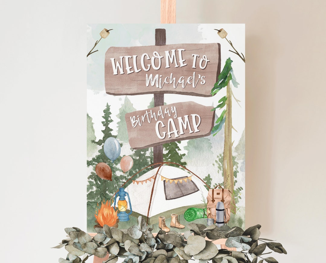 Editable Camping Birthday Welcome Sign, Boy Camp Out Birthday Party ...