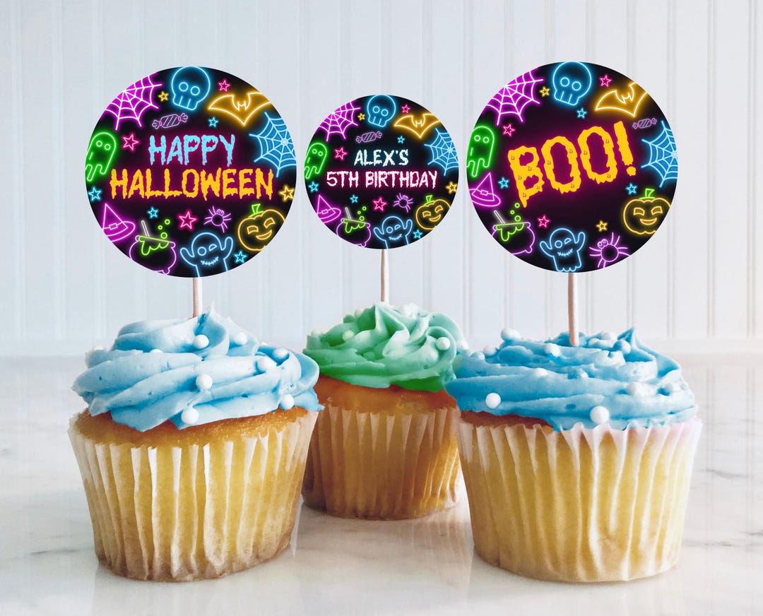 Neon Halloween Birthday Cupcake Toppers, Spooky Halloween Party Cake ...