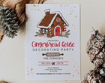 Editable Christmas Gingerbread House Decorating Party Invitation Pink ...