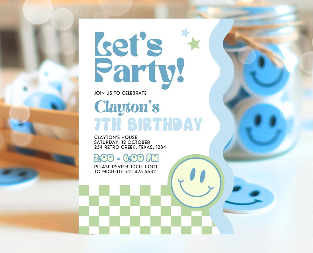 Retro Smiley Birthday Invitation: Blue Checkered Theme (editable Canva ...
