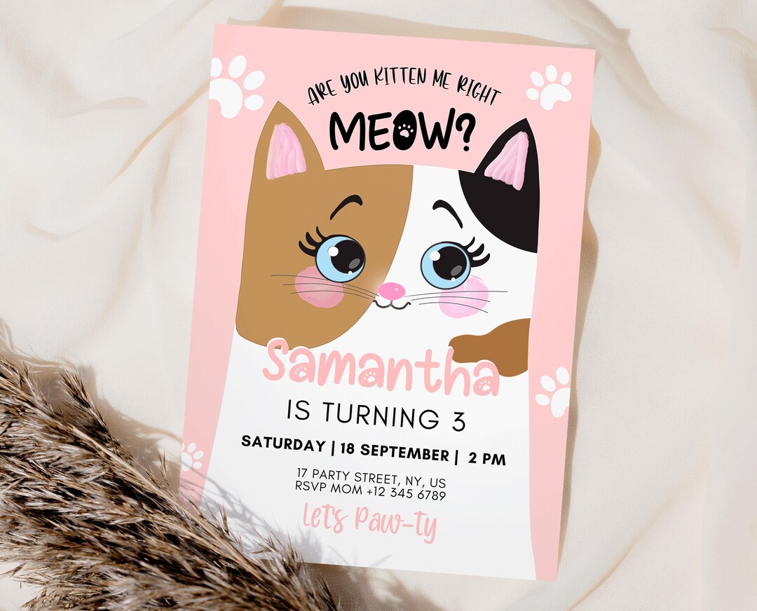 Editable Kitten Birthday Invitation Kitty Cat Birthday Party Cat Invite ...