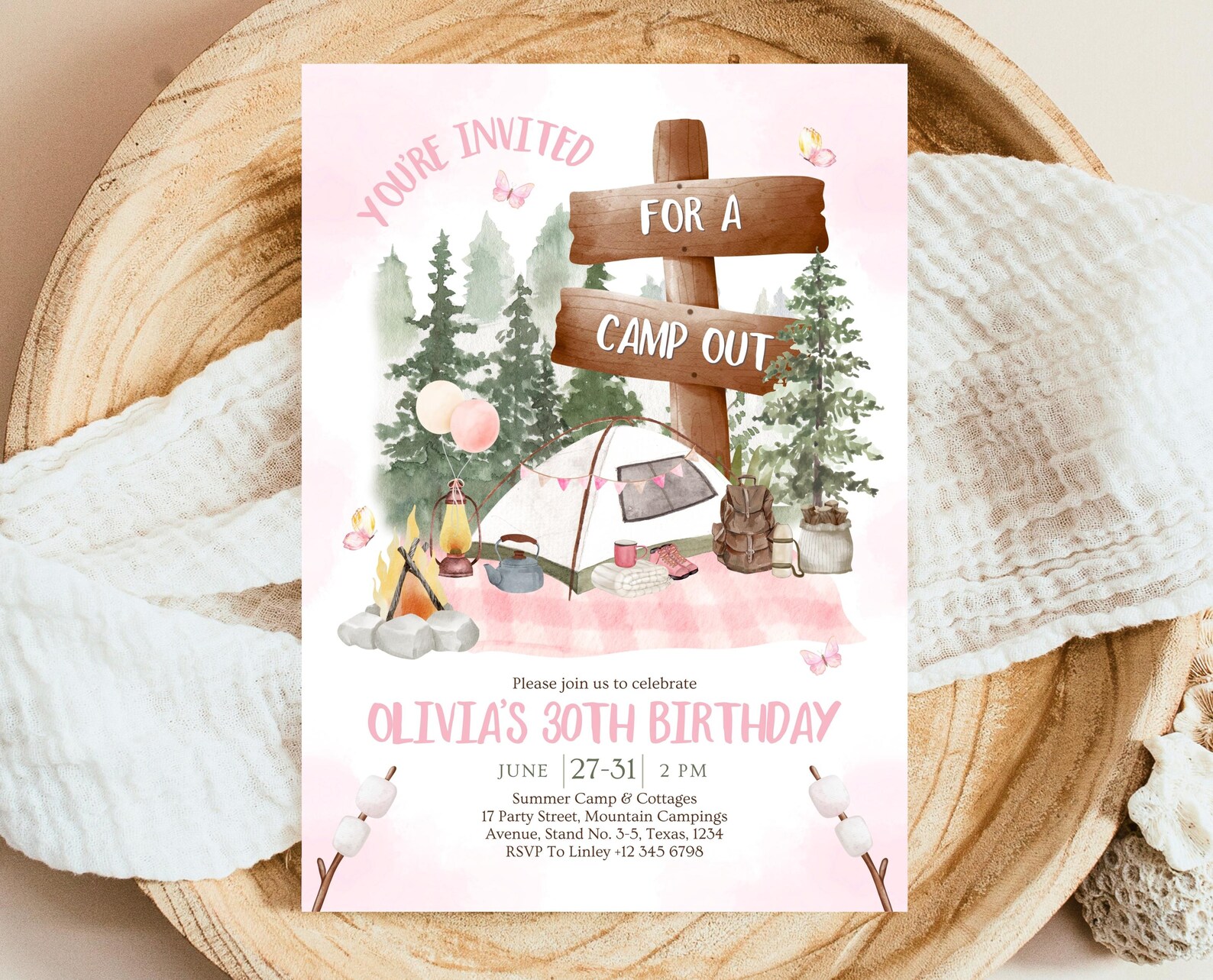 Editable Girl Camping Invitation, Pink Camp Adult Birthday, Girl ...