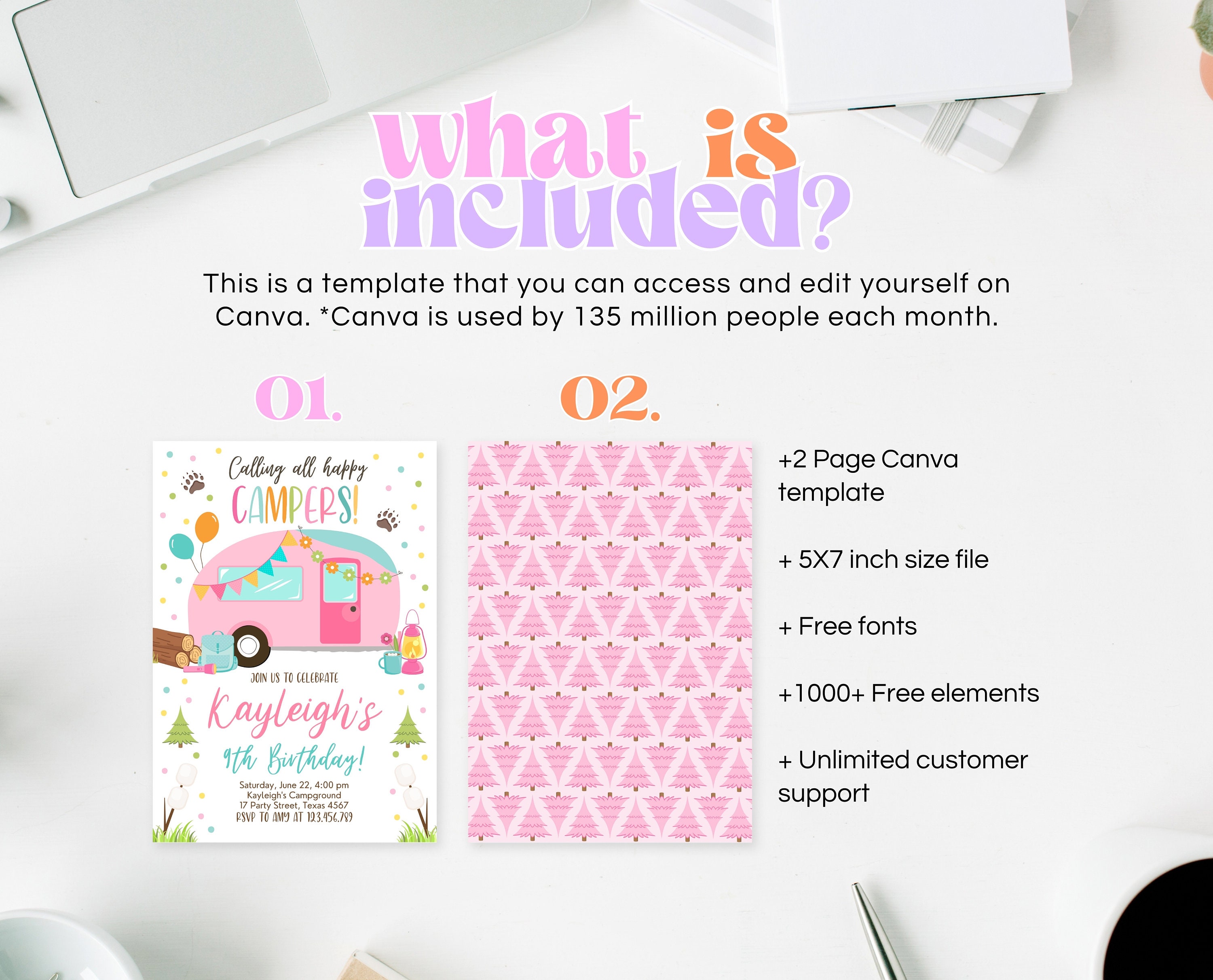Editable Camping Birthday Invitation, Camping Party Invitation, Girly ...