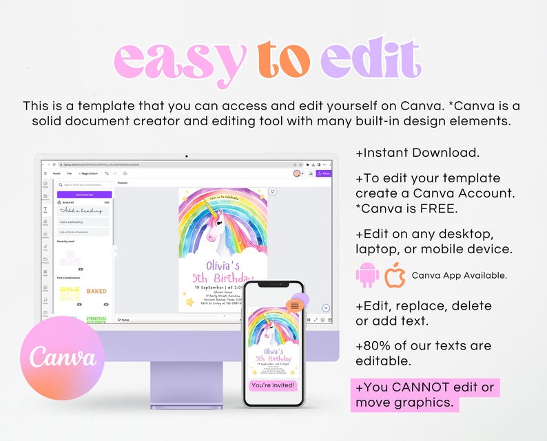 Editable Rainbow Unicorn Birthday Invitation: Pink and Colorful ...