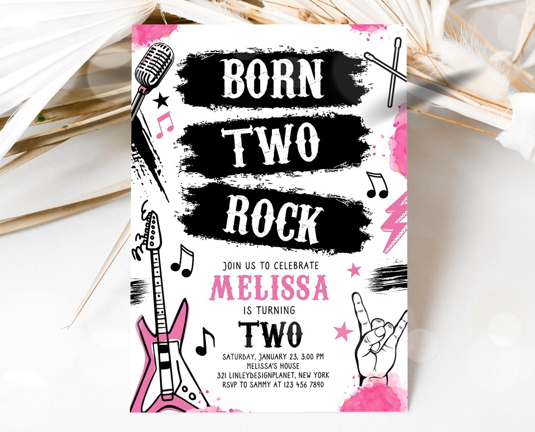 Editable Born Two Rock 2nd Birthday Party Invitation, Girl Rock and ...